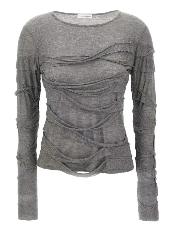 7 For All Mankind Ruffle-trimmed Frayed T-shirt - Grey