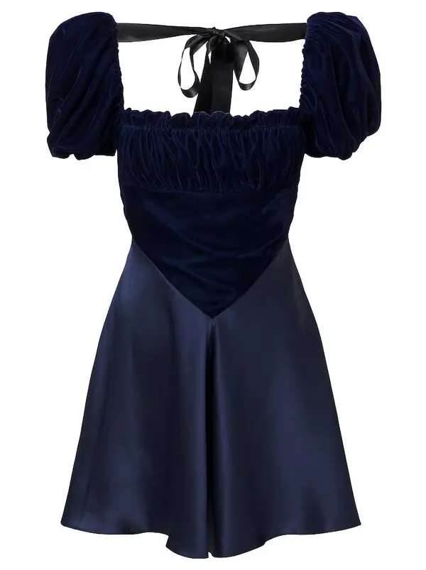 RODARTE Ruched Silk Satin And Velvet Mini Dress - Blue
