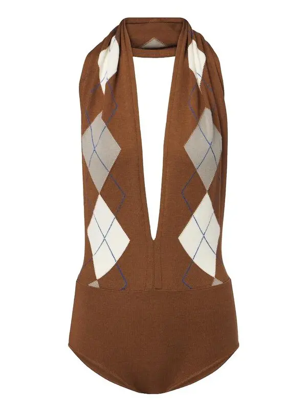 MUGLER Argyle Virgin Wool Bodysuit - Brown