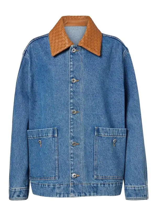 Bottega Veneta Oversized Denim Jacket With Leather Trim - Blue