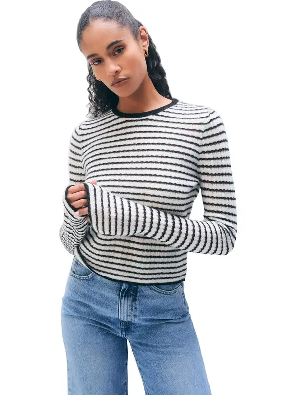 WHITE & WARREN Cashmere Pointelle Striped Top - White