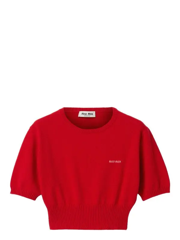 Miu Miu Cropped Cashmere Sweater With Intarsia Logo - Red