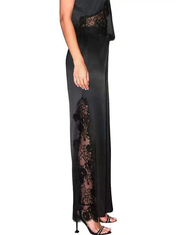 FLEUR DU MAL Lace Trim Wide Leg Satin Trousers - Black