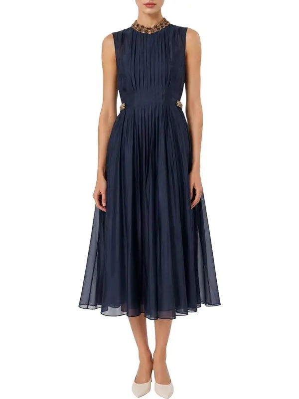 Max Mara Off-the-shoulder Pleated Silk-blend Midi Dress - Blue