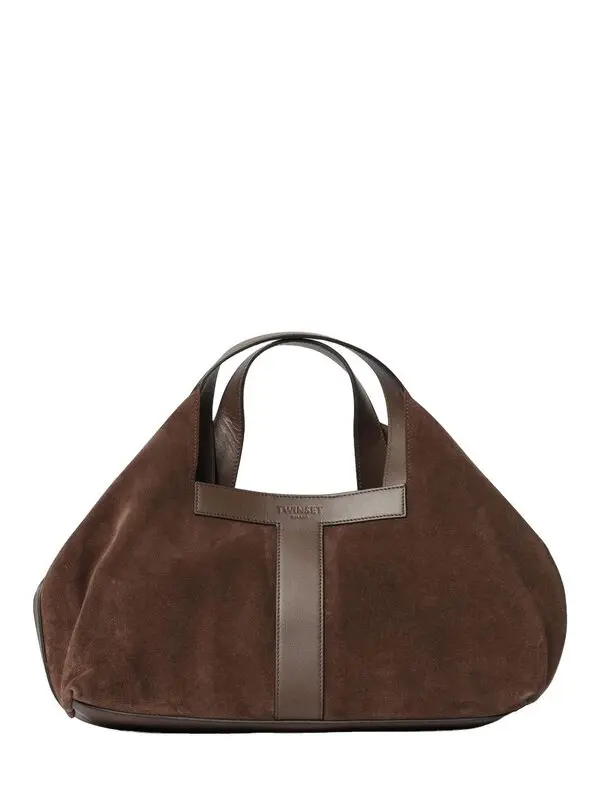 TWINSET Suede Flared Handbag With Double Handle - Coffee