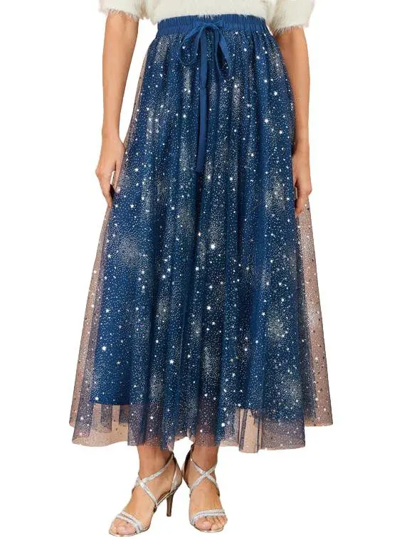 YUMI Star Sparkle Tulle Maxi Skirt - Navy