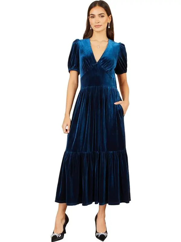 YUMI Puff Sleeve Velvet Midi Dress - Teal