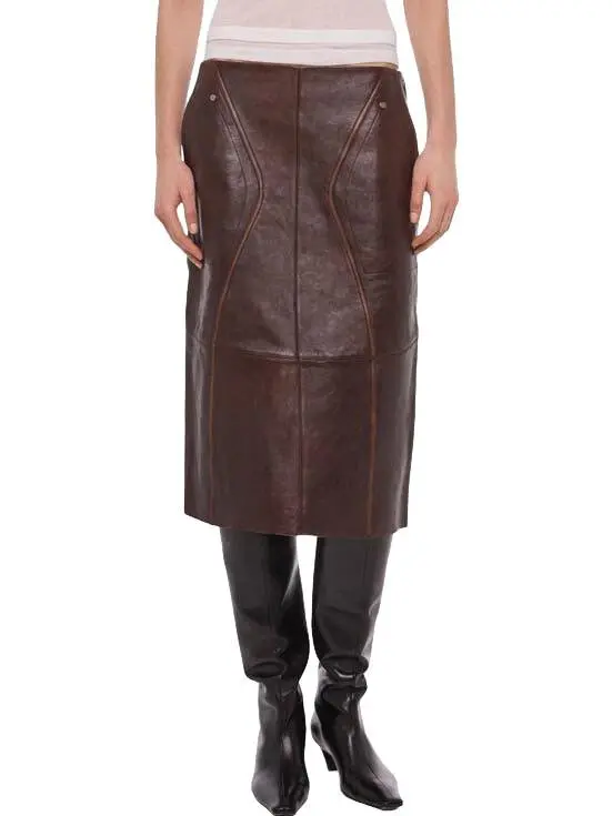 Helmut Lang Leather Midi Skirt - Saddle
