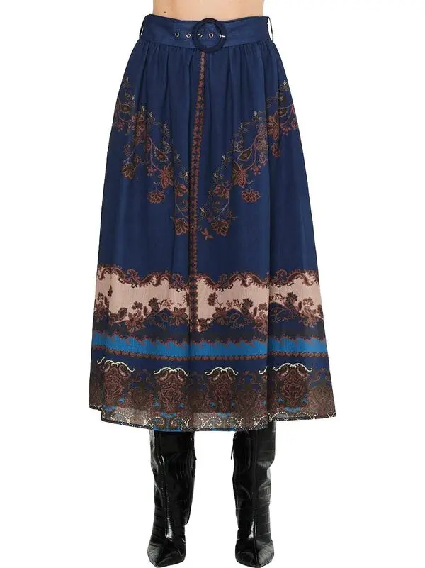 CIEBON Jaxine Belted Midi Skirt - Navy Multi