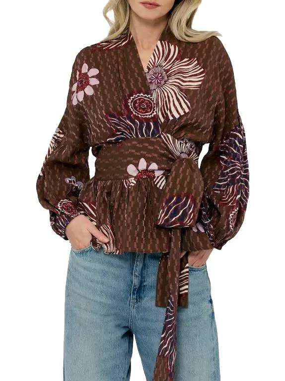 CIEBON Opal Floral Balloon Sleeve Wrap Top - Brown Multi