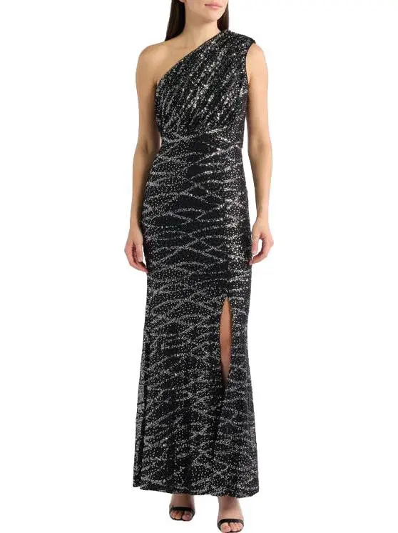 Eliza J Sequin One-shoulder Gown With High Slit - Black