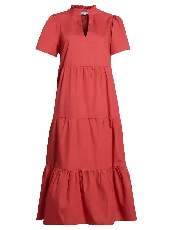 SUGARLIPS Puff Sleeve Tiered Cotton Dress - Brick