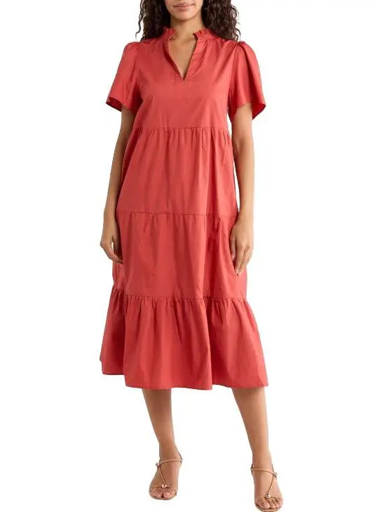 SUGARLIPS Puff Sleeve Tiered Cotton Dress - Brick