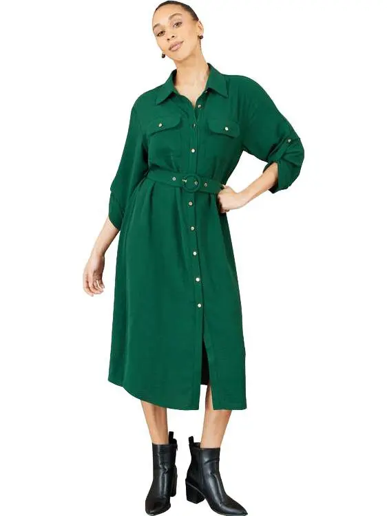 YUMI Stretch Midi Shirt Dress - Green