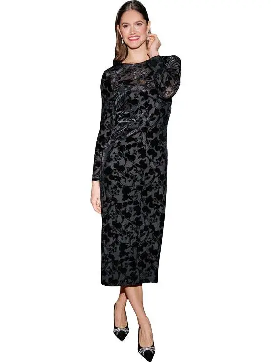 YUMI Burnout Floral Velvet Midi Dress - Black