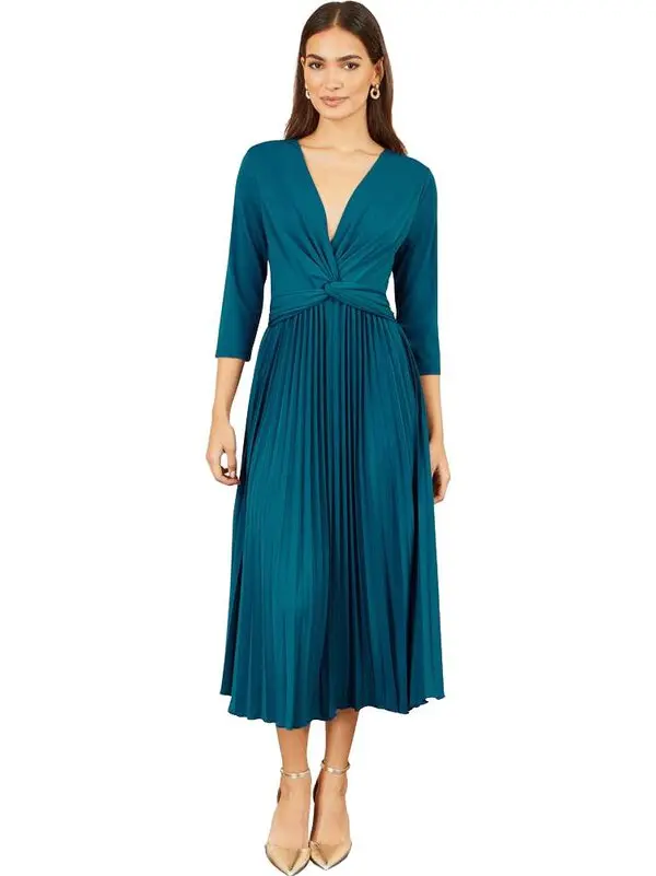 YUMI Stretch Wrap Pleated Midi Dress - Teal