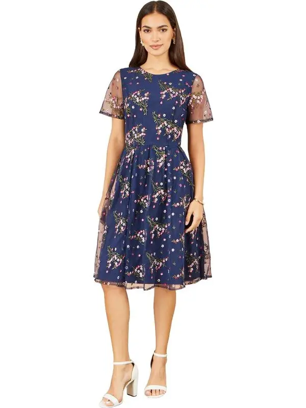 YUMI Embroidered Floral Mesh Fit-and-flare Dress - Navy