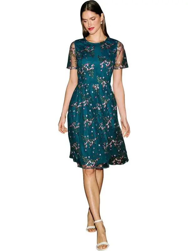 YUMI Embroidered Floral Mesh Fit-and-flare Dress - Teal