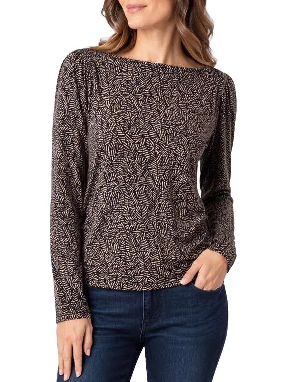 LIVERPOOL Abstract Print Knit Boat Neck Long Sleeve Top - Tan/blk Multi