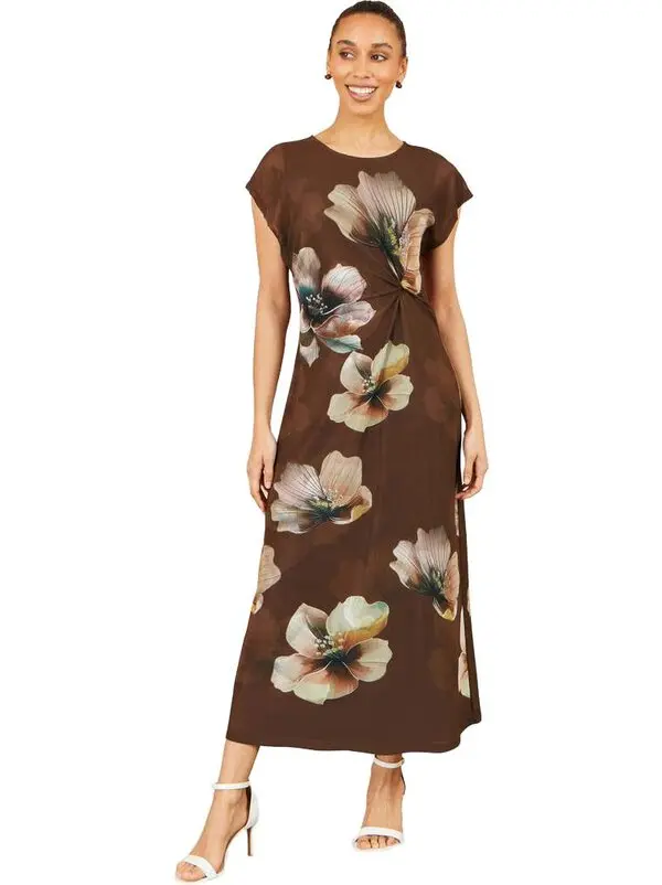 YUMI Mesh Floral Midi Dress - Brown