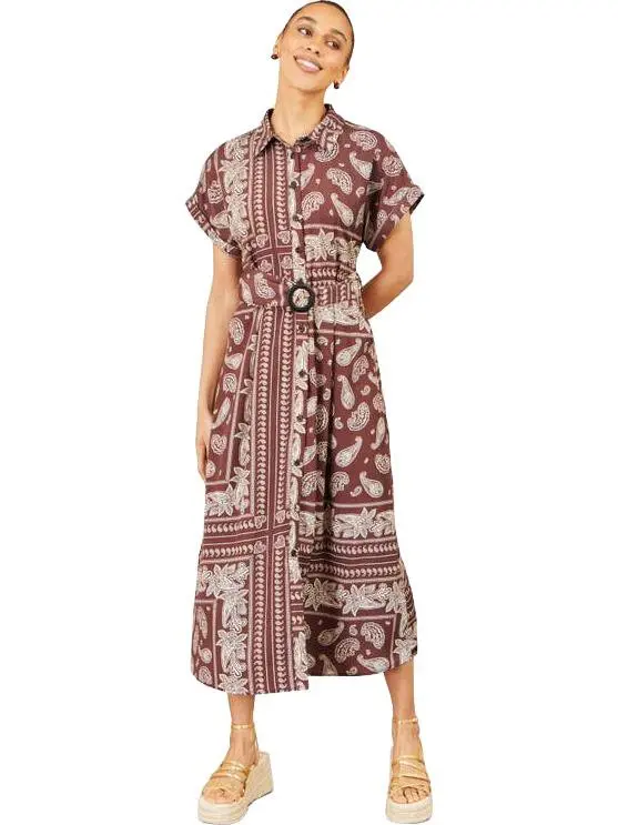 YUMI Paisley Print Midi Shirt Dress - Brown