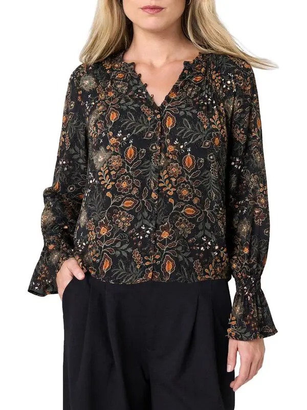 LIVERPOOL Floral Pintuck Detail Sateen Top - Blk/rust Multi