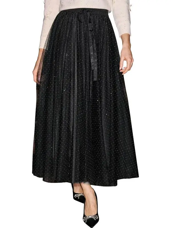 YUMI Diamanté Tulle Maxi Skirt - Black