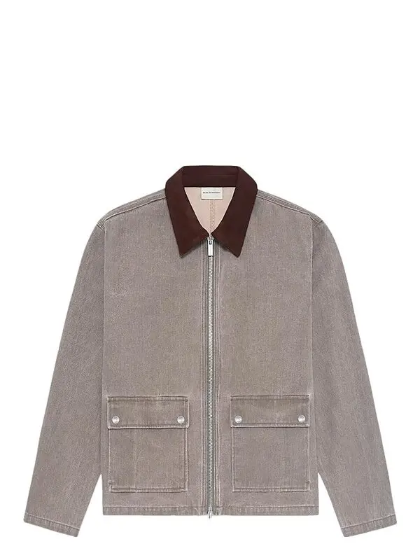 Drole De Monsieur Washed Zip Denim Jacket With Leather Collar - Khaki