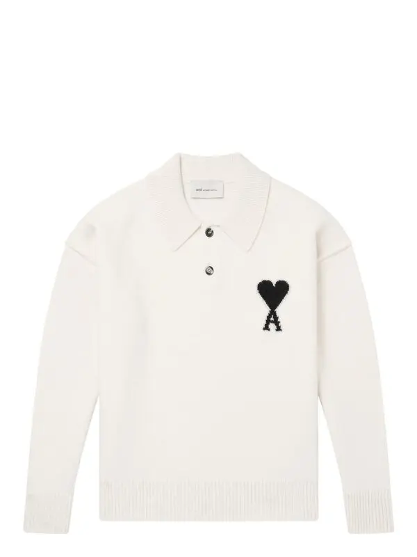 AMI Paris Logo Intarsia Wool Polo Sweater - Neutrals