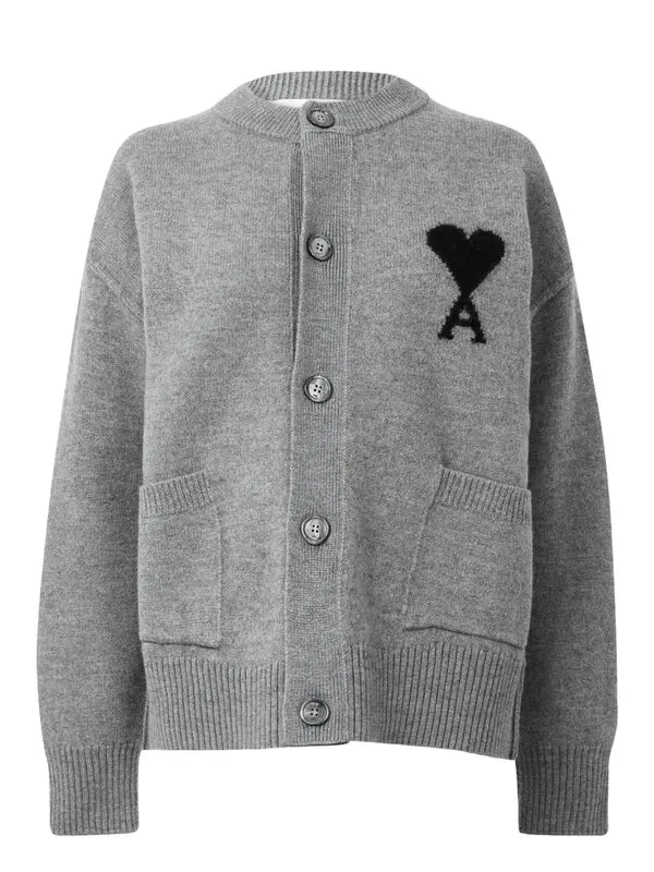 AMI Paris Crewneck Knit Cardigan - Gray