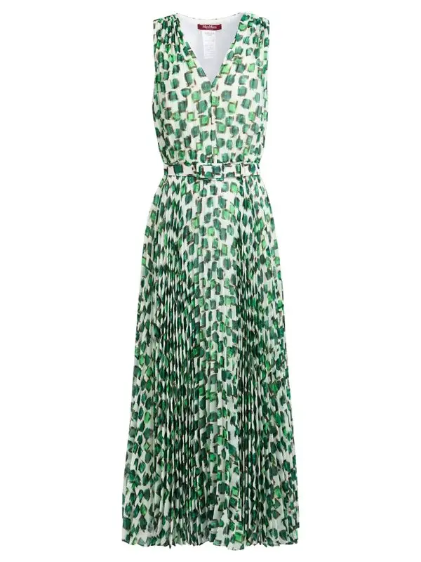 Max Mara Pleated V-neck Sleeveless Maxi Dress - Green