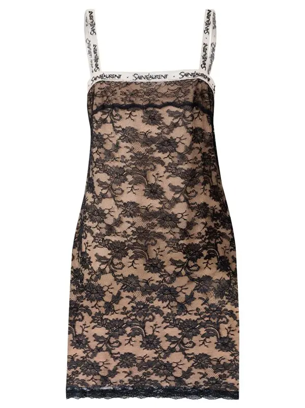 Saint Laurent Contrast Lace Slip Mini Dress - Black