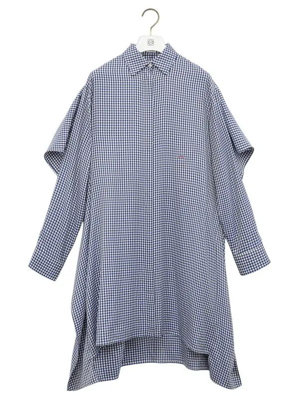 Loewe Cape Dress In Gingham Check Silk - Blue/white