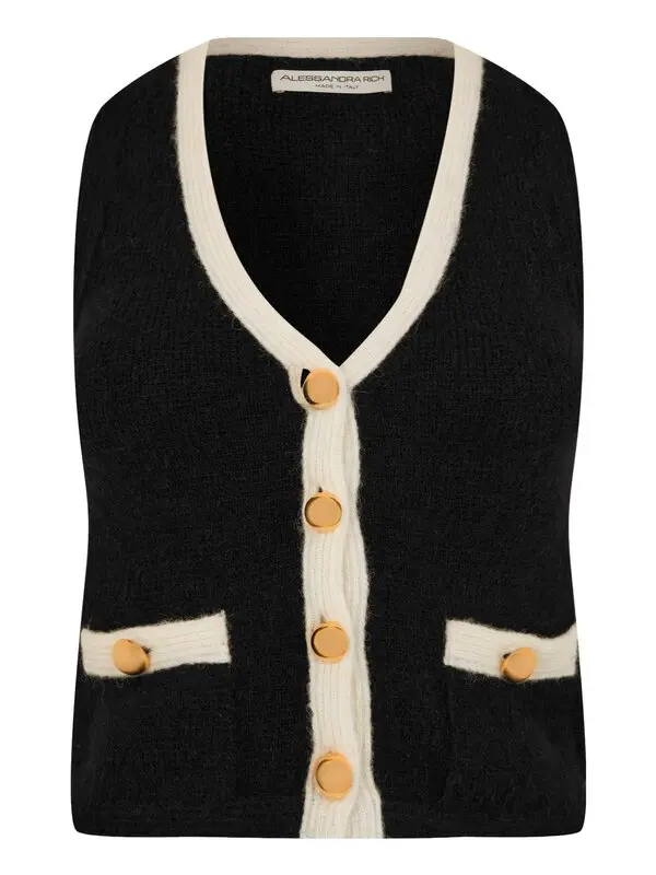 Alessandra Rich V-neck Knit Vest With Gold-tone Buttons - Black