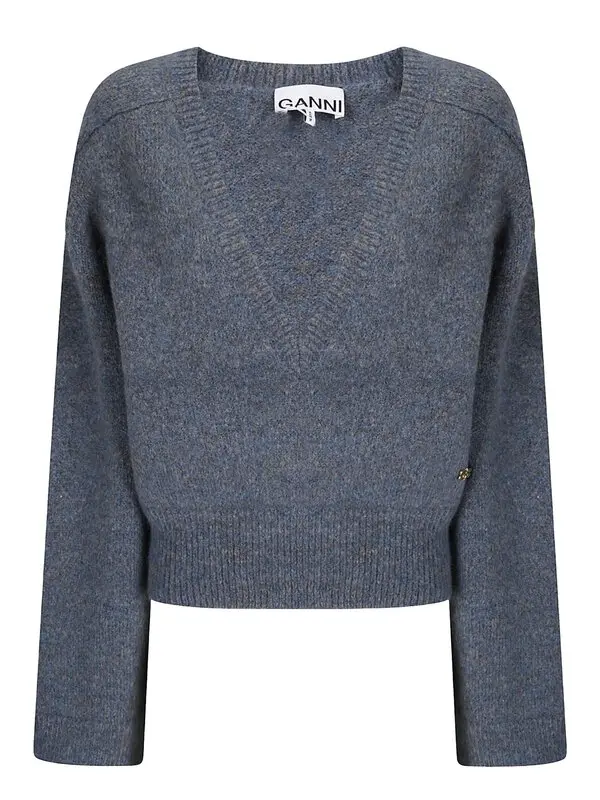 GANNI Ribbed V-neck Knit Sweater - No