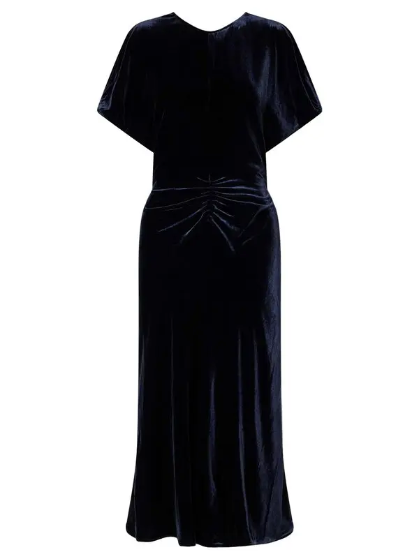 Victoria Beckham Bela Gathered Velvet Midi Dress - Navy