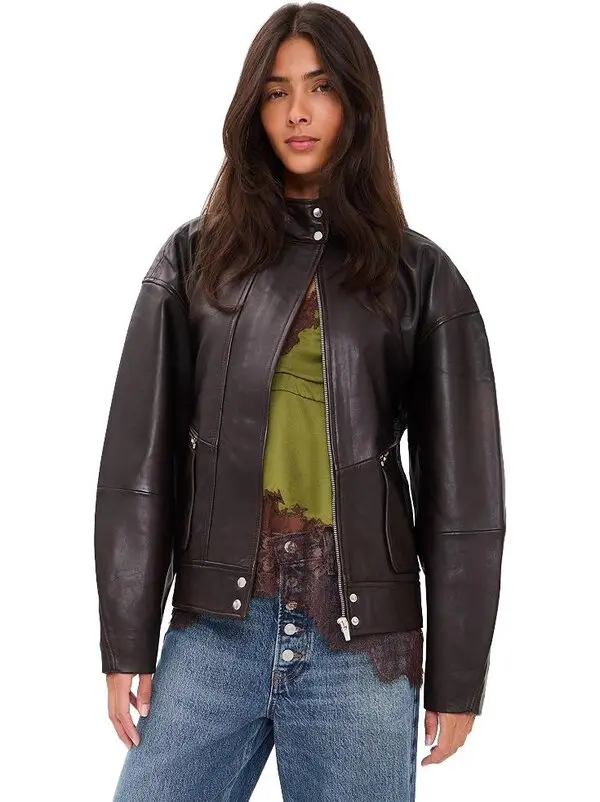 REFORMATION Veda Harrison Leather Oversized Bomber Jacket - Cocoa