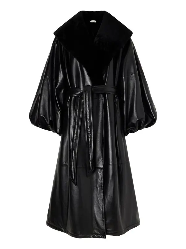 Magda Butrym Belted Plush-trimmed Leather Coat - Black