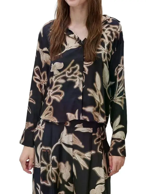 BENETTON Floral Print Long Sleeve Shirt - Black