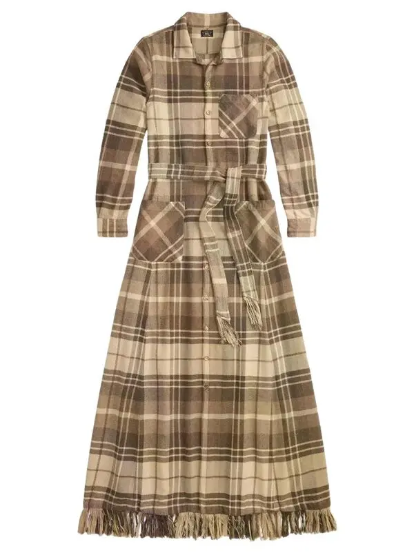 Ralph Lauren Maxi Plaid-check Fringed-trim Dress - Brown