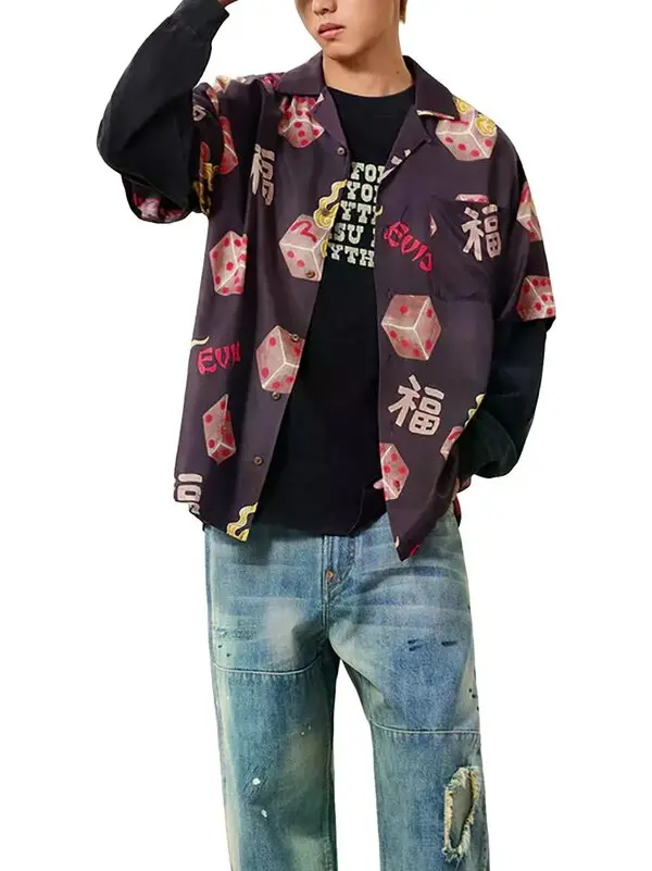 EVISU Dice-print Camp Shirt - Black