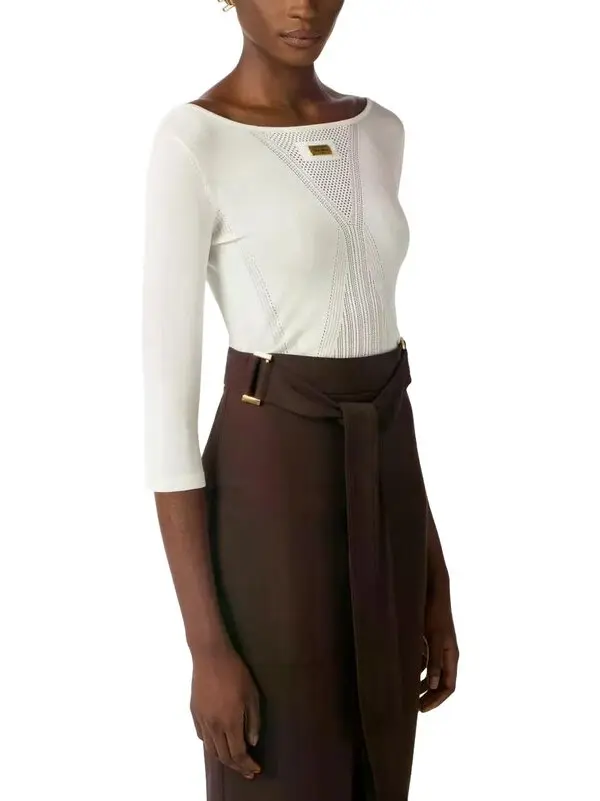 Elisabetta Franchi Open-knit Top With Geometric Detailing And Logo Plaque - Neutrals