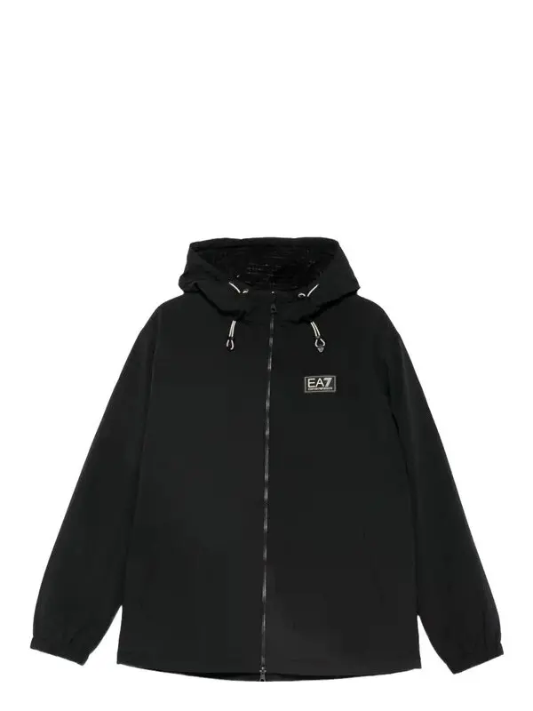 EA7 Logo Patch Hooded Zip-up Jacket - Black