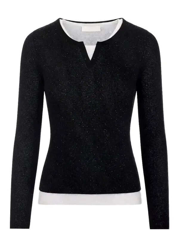ELEH Sequined Layered V-neck Long Sleeve T-shirt - Black