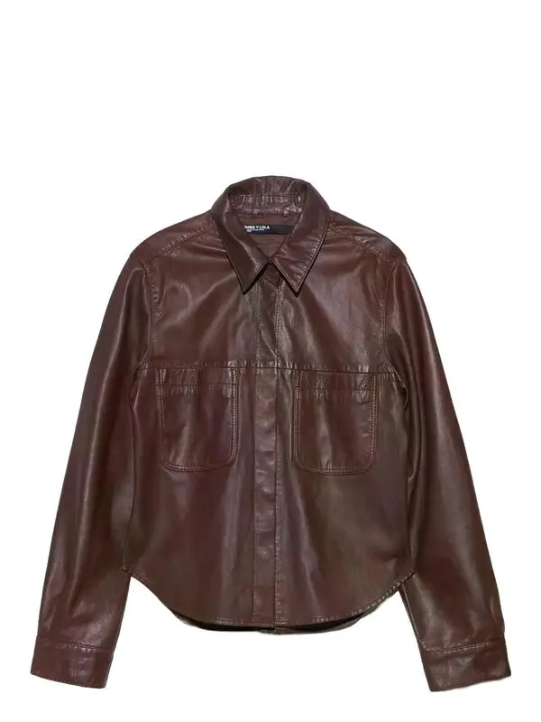 Bimba Y Lola Washed Leather Shirt With Classic Collar And Patch Pockets - Brown