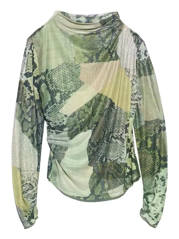 Bimba Y Lola Snake-patchwork Ruched Tulle Long Sleeve T-shirt - Green