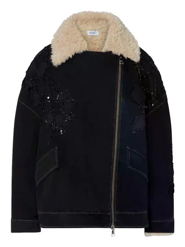 Liu Jo Embellished Denim Jacket With Teddy Inserts - Black