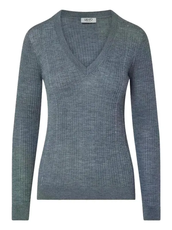 Liu Jo Ribbed Wool Sweater With V-neck And Rhinestone Embellishments - Grey