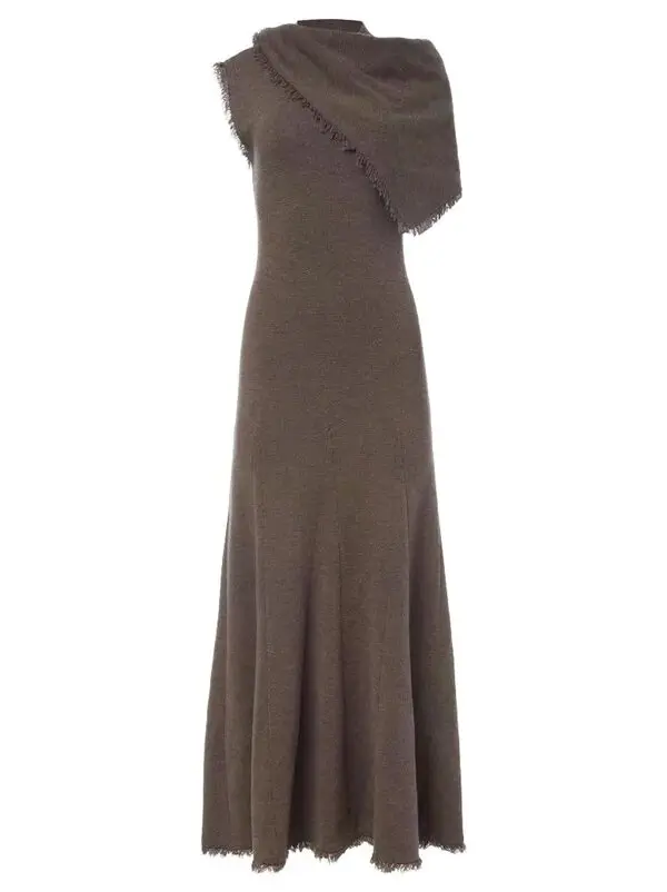 Monse Sleeveless Mock Neck Knit Dress With Fringed Hem And Scarf - Brown