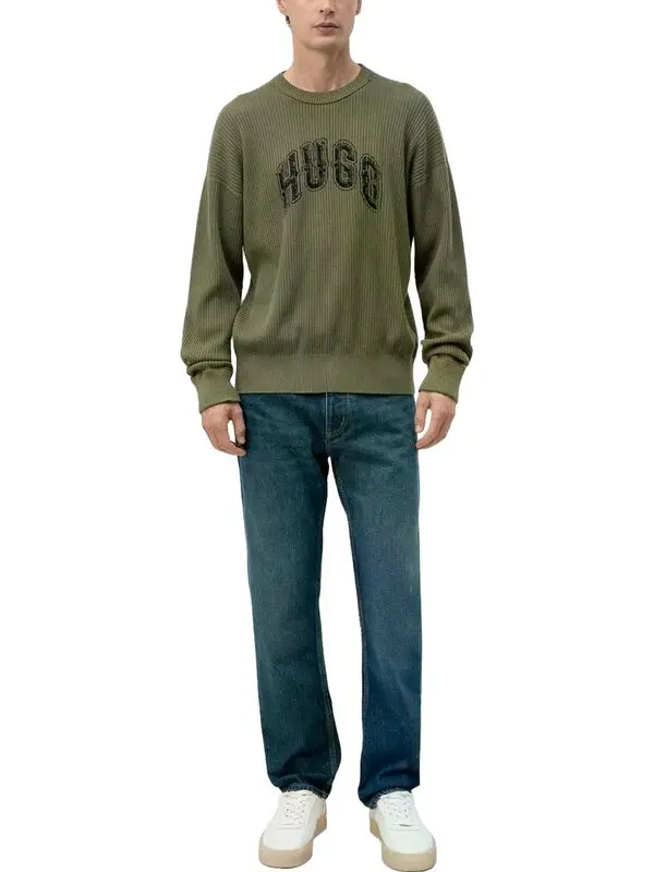 Hugo Ribbed Cotton Oversized Sweater With Varsity Logo - Green